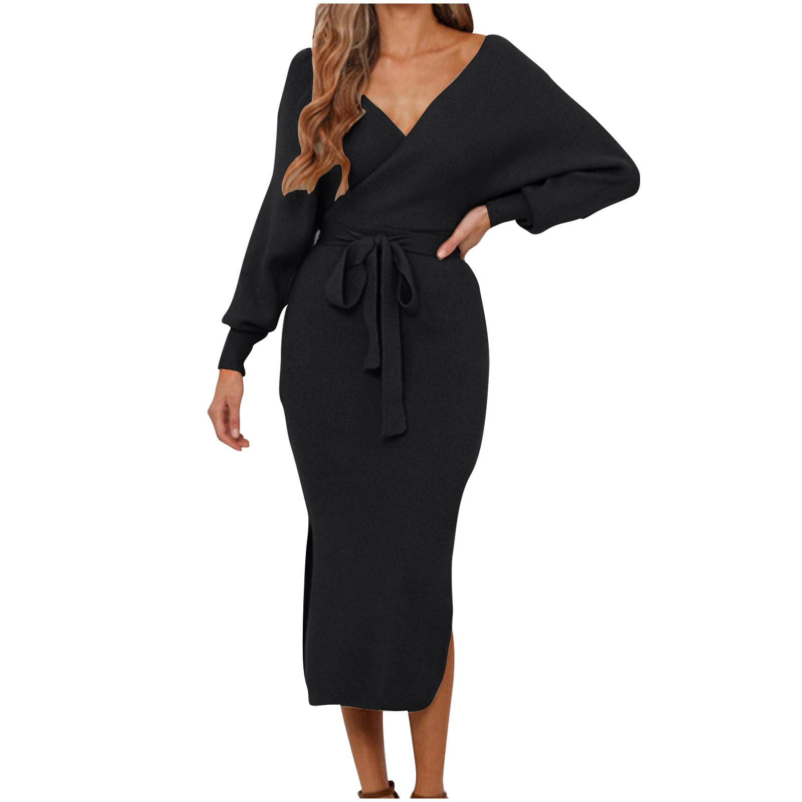 Alkepwun Womens Sweater Dresses Deep V-Neck Batwing Long Sleeve Mid ...
