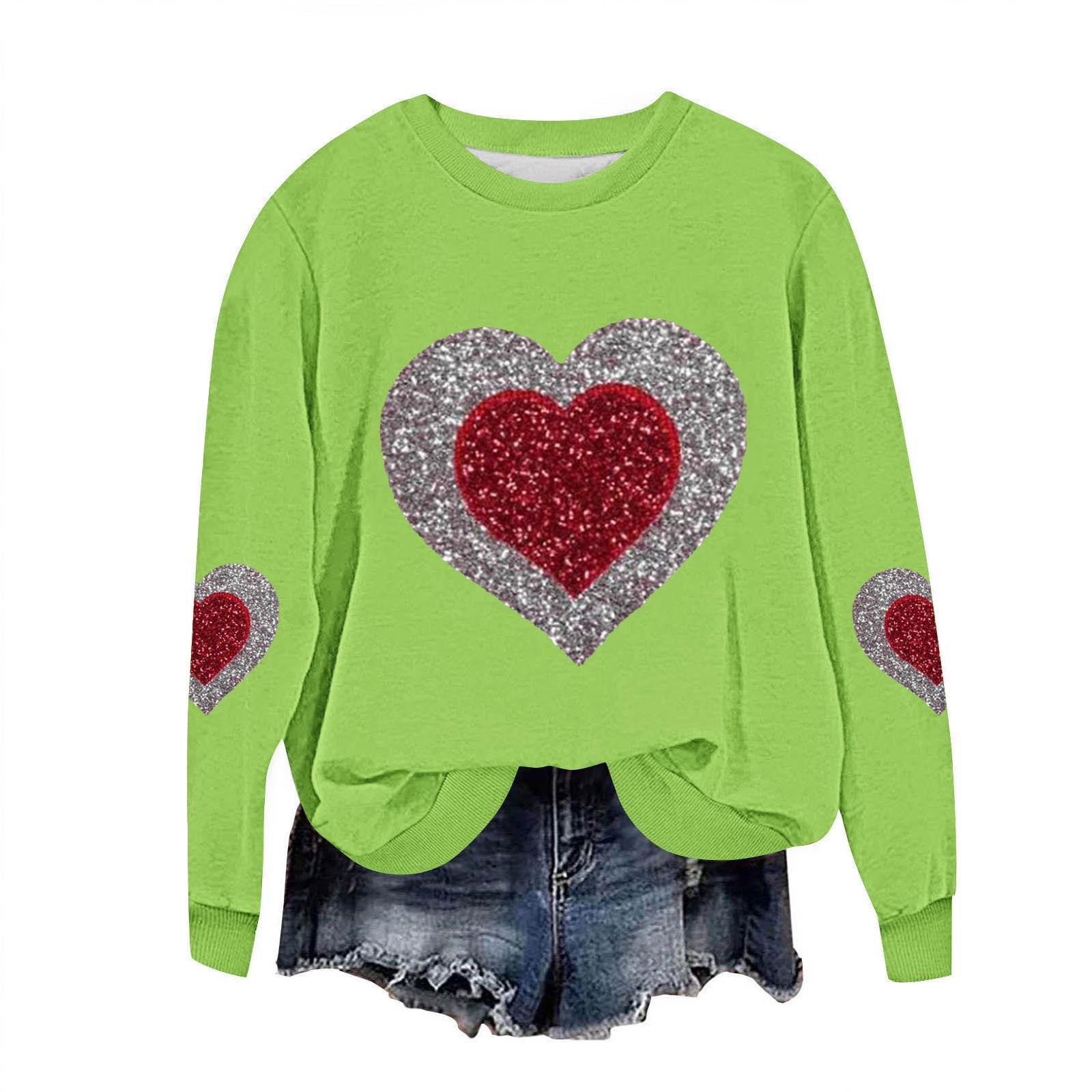 Alkepwun Womens Sweatshirt Round Neck Long Sleeve Funny Sequined Heart ...