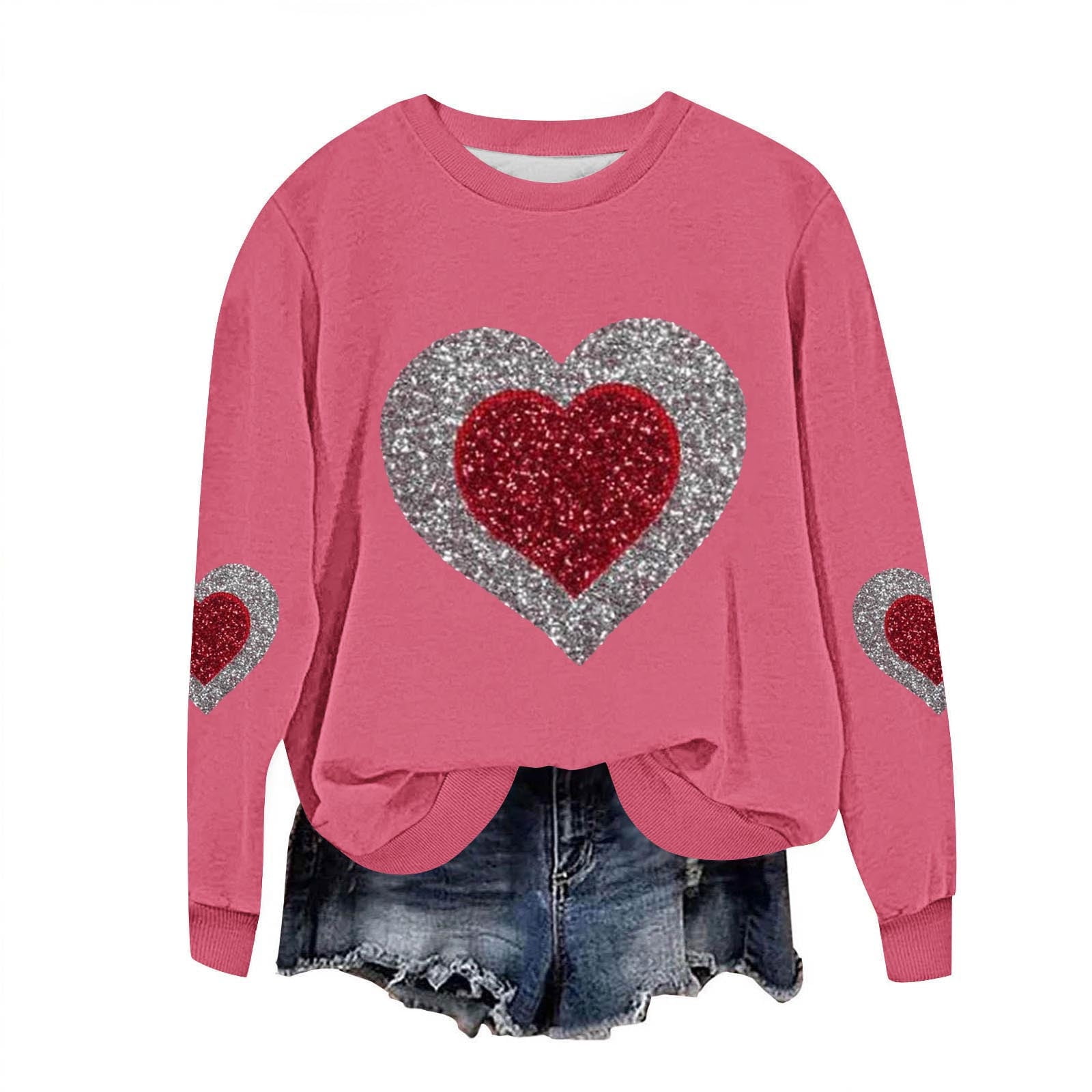 Alkepwun Womens Sweatshirt Round Neck Long Sleeve Funny Sequined Heart ...
