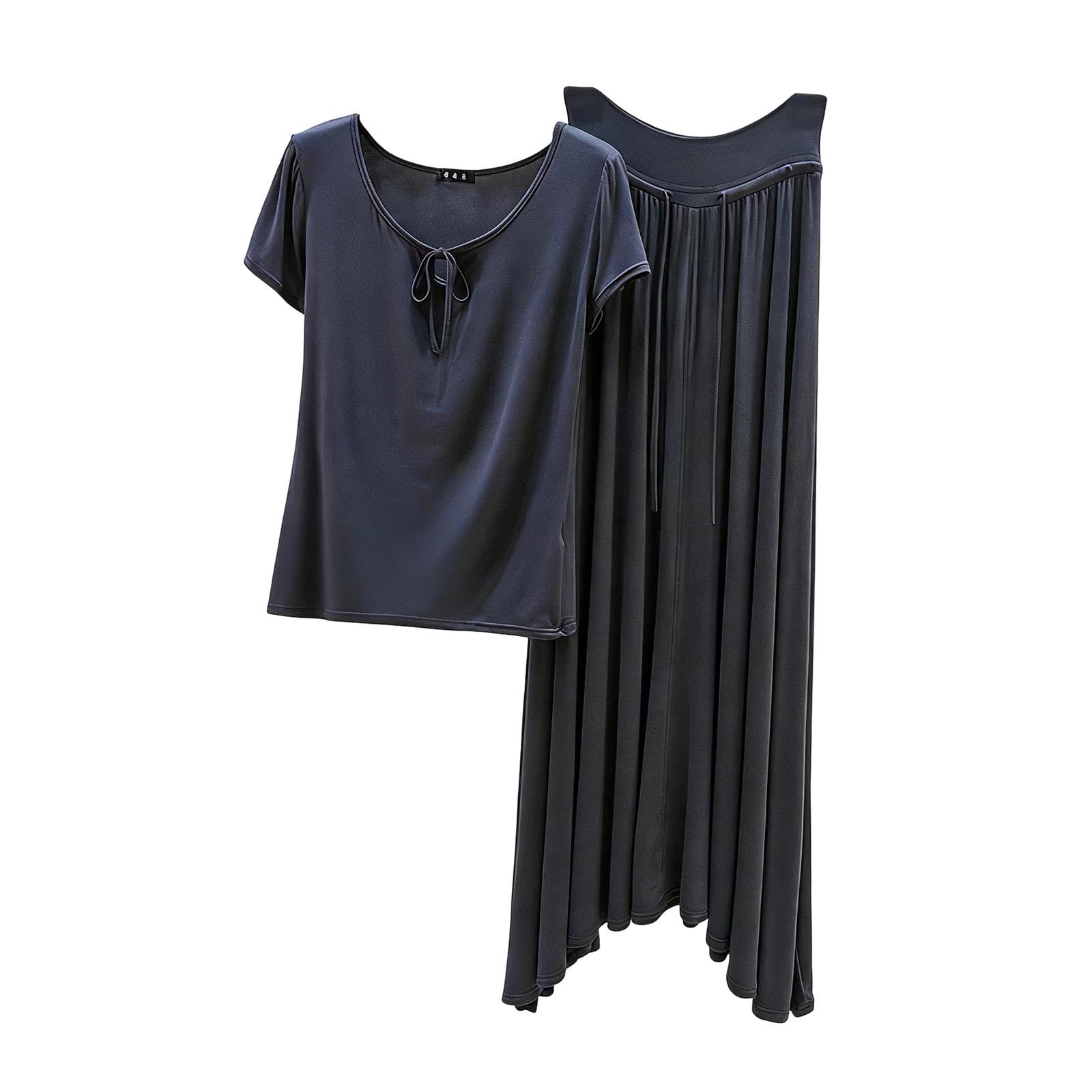 Alkepwun Womens Two Piece Skirt Set Round-Neck Short-Sleeve Tie-Front ...