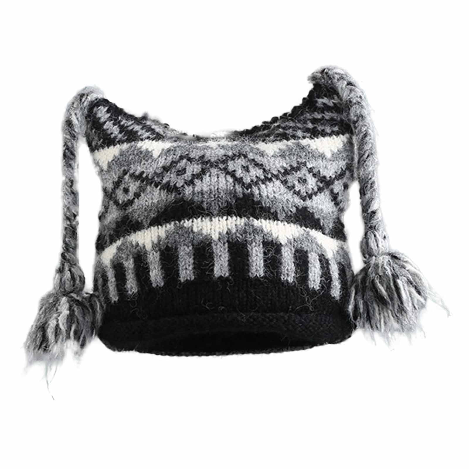 Alkepwun Y2k Hat Cat Ears Multicolor Knit Hats Fringe-Weave Winter Goth ...