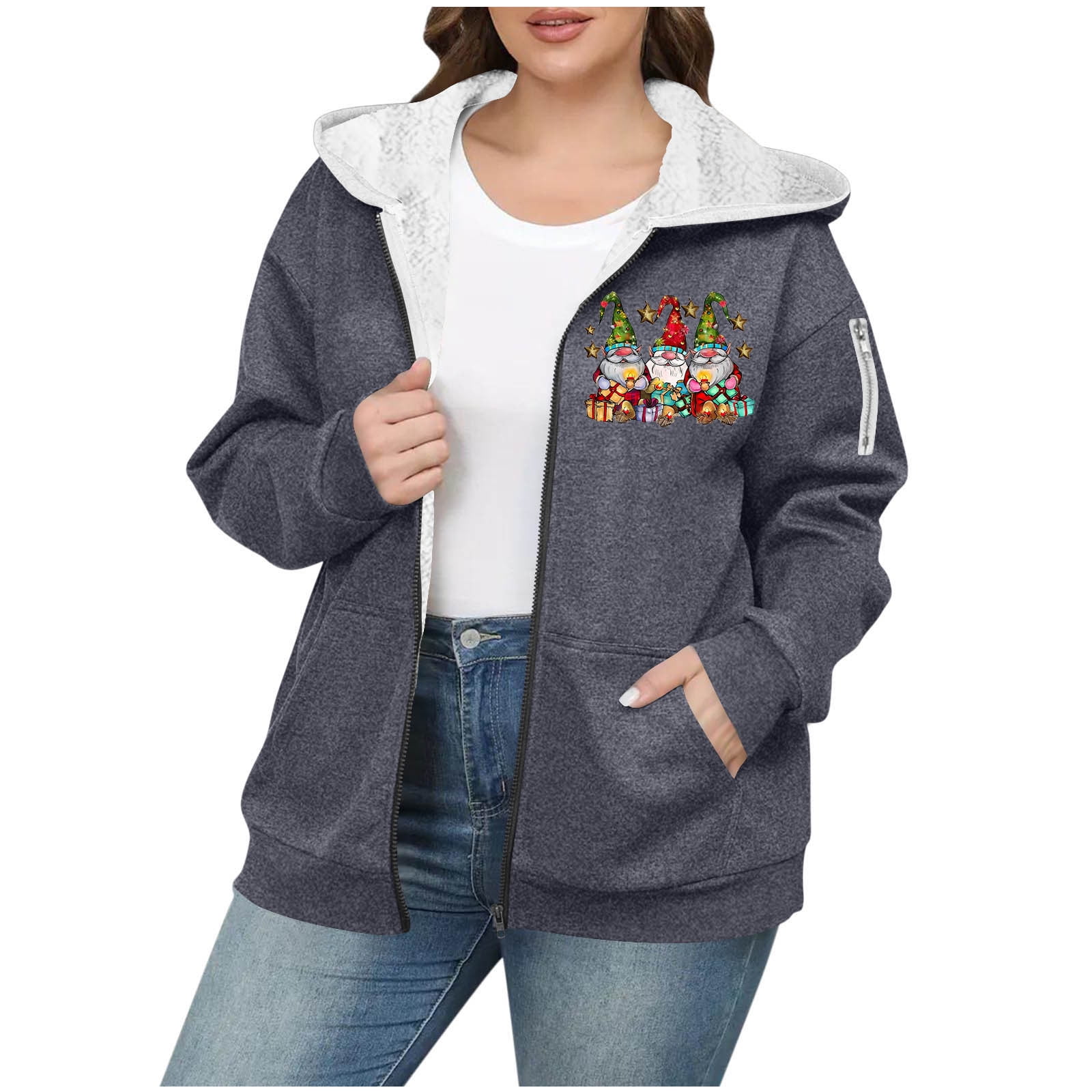 Alkepwun Zip Up Hoodies for Women Solid Color Plus Size Christmas Tree ...