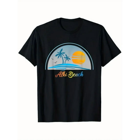 Alki Beach WA Washington Souvenir Palm Tree Surfer Graphic T-Shirt mens ...
