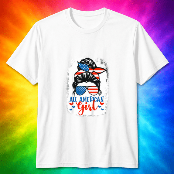 All American Girl Messy Bun Patriotic USA Flag T-Shirt, for men & women ...
