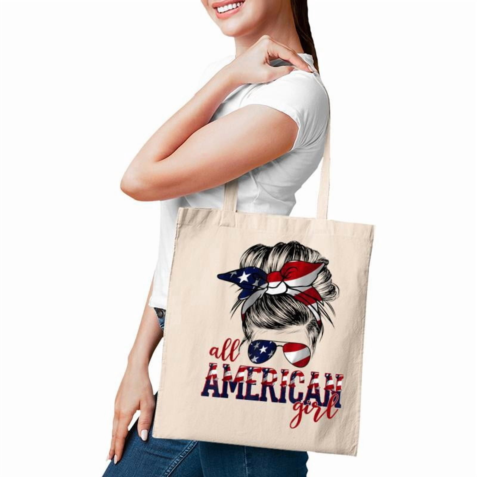 All American Girl Messy Hair Bun Woman Patriotic 4Th Of July Tote Bag ...