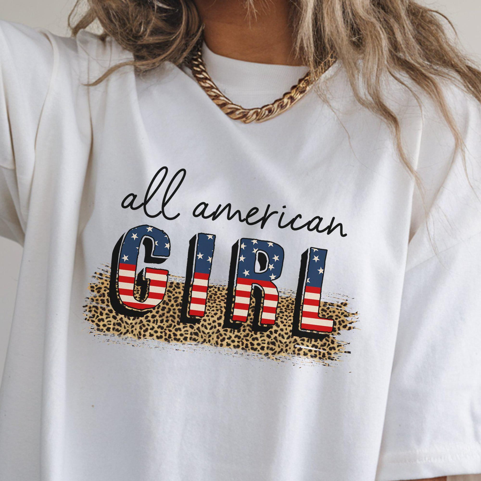 All American Girl Women Shirt Vneck Leopard American Shirt USA Graphic ...