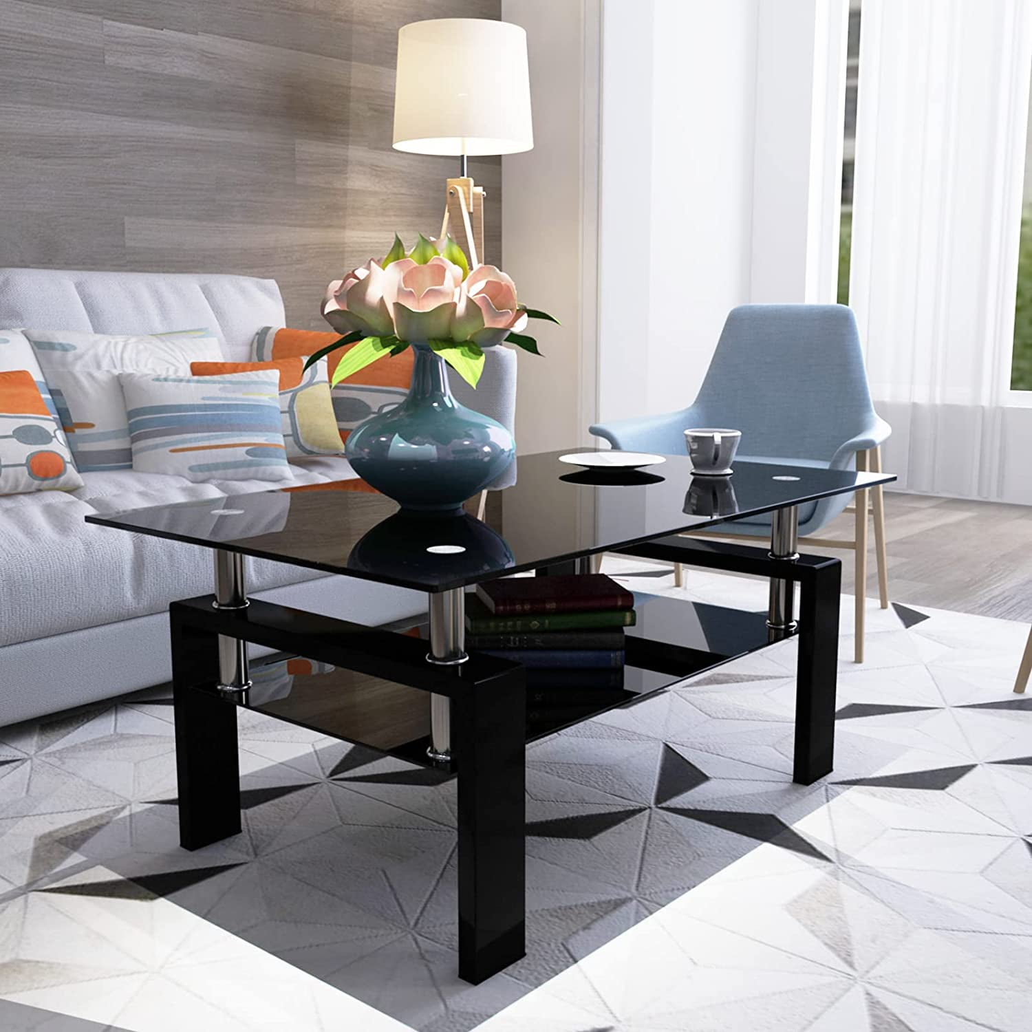 All Black Rectangle Clear Glass Coffee Table, Modern Center Table for ...