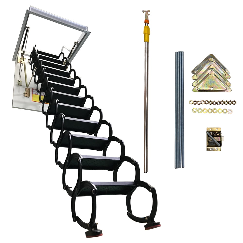 All Black Retractable Folding Stairs 12 Steps Carbon Steel Attic ...