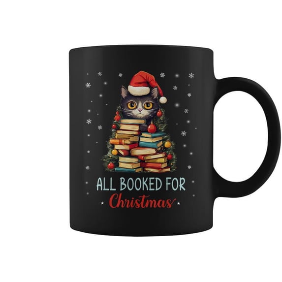 All Booked For Christmas Black Cat Santa Christmas Book Tree Coffee ...