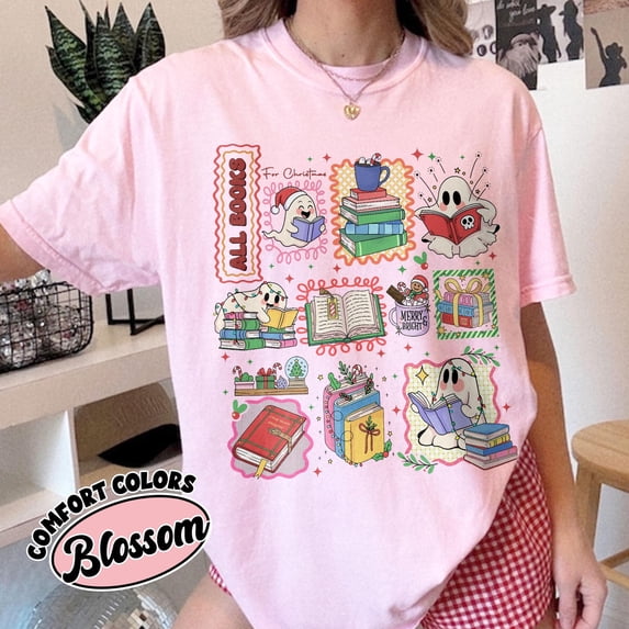 All Booked For Christmas Ghost Reading Shirt Funny Book Lover Stamps ...