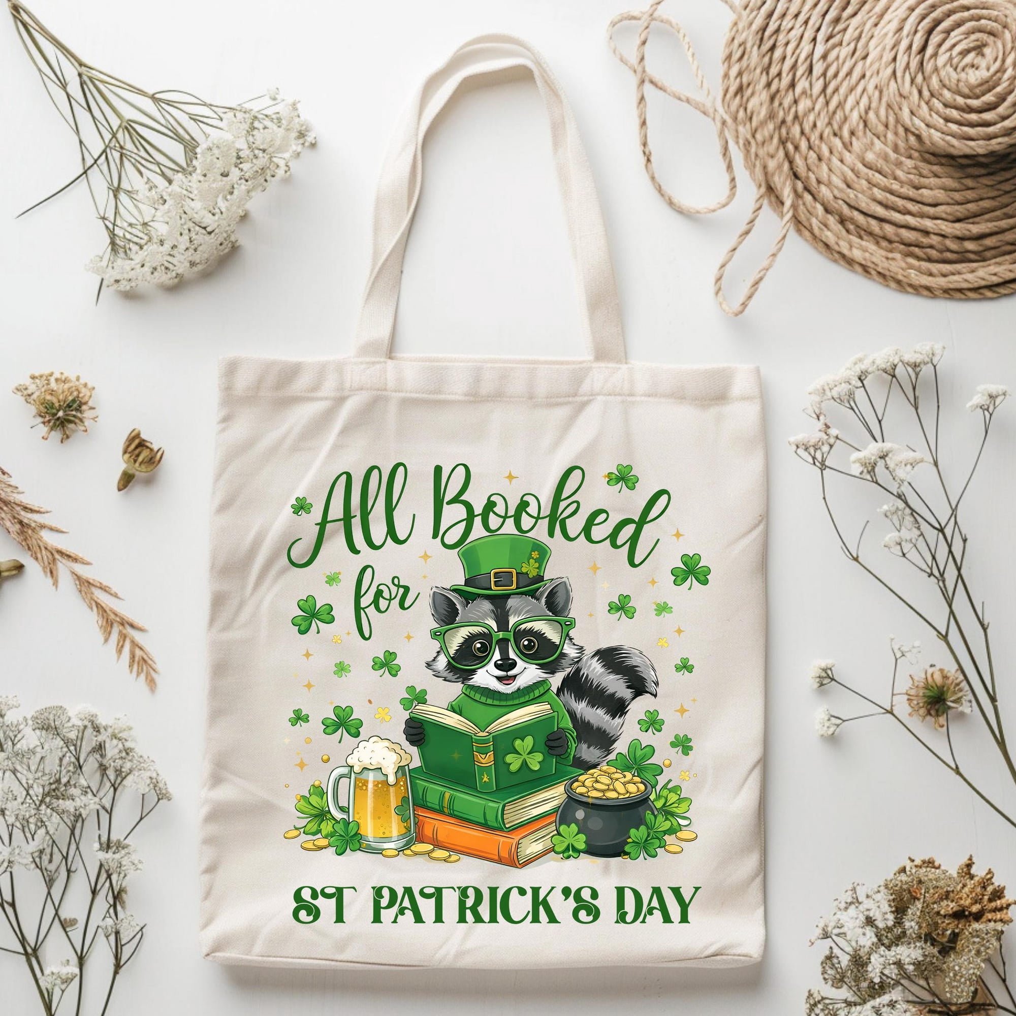 All Booked For St Patricks Day Tote Bag Funny Raccoon Shamrock Book ...