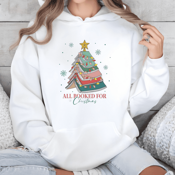All Booked for Christmas Hoodie | Funny Reading Book Tree Graphic ...