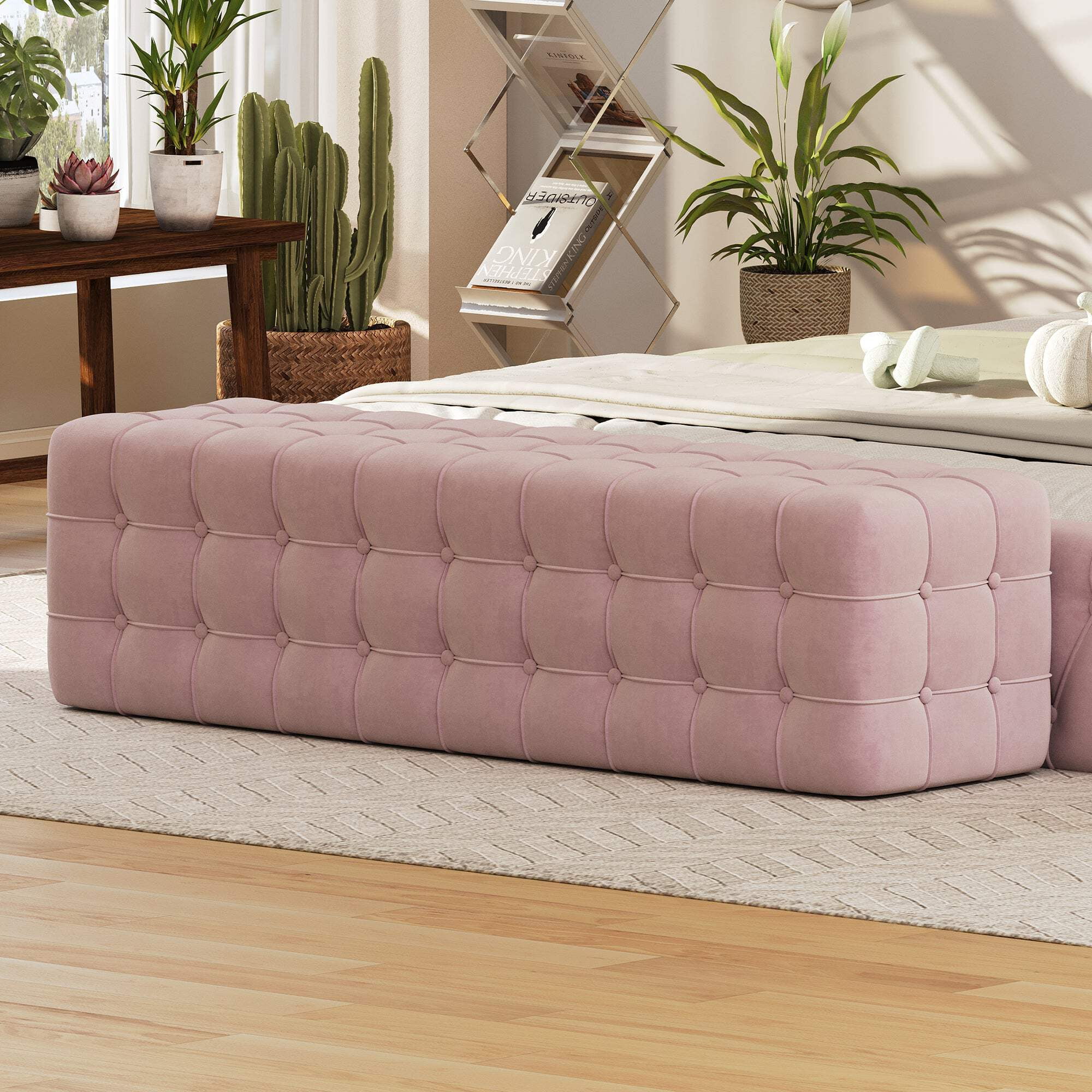 All Covered Velvet Upholstered Ottoman, Rectangular Footstool, Bedroom ...