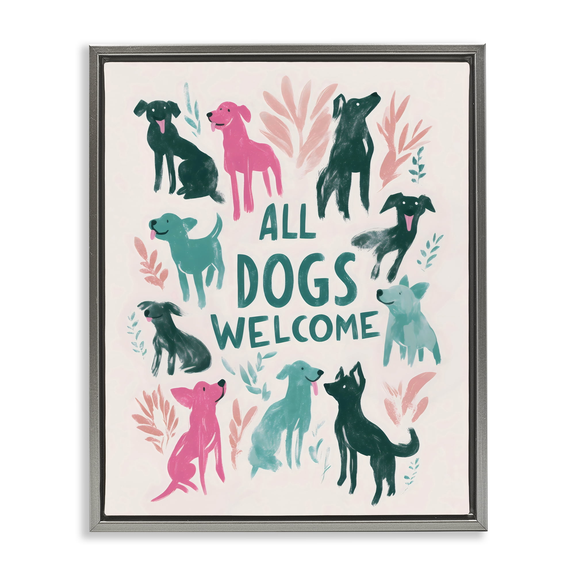 Stupell Industries All Dogs Welcome Pastels Gray Framed Floater Canvas ...