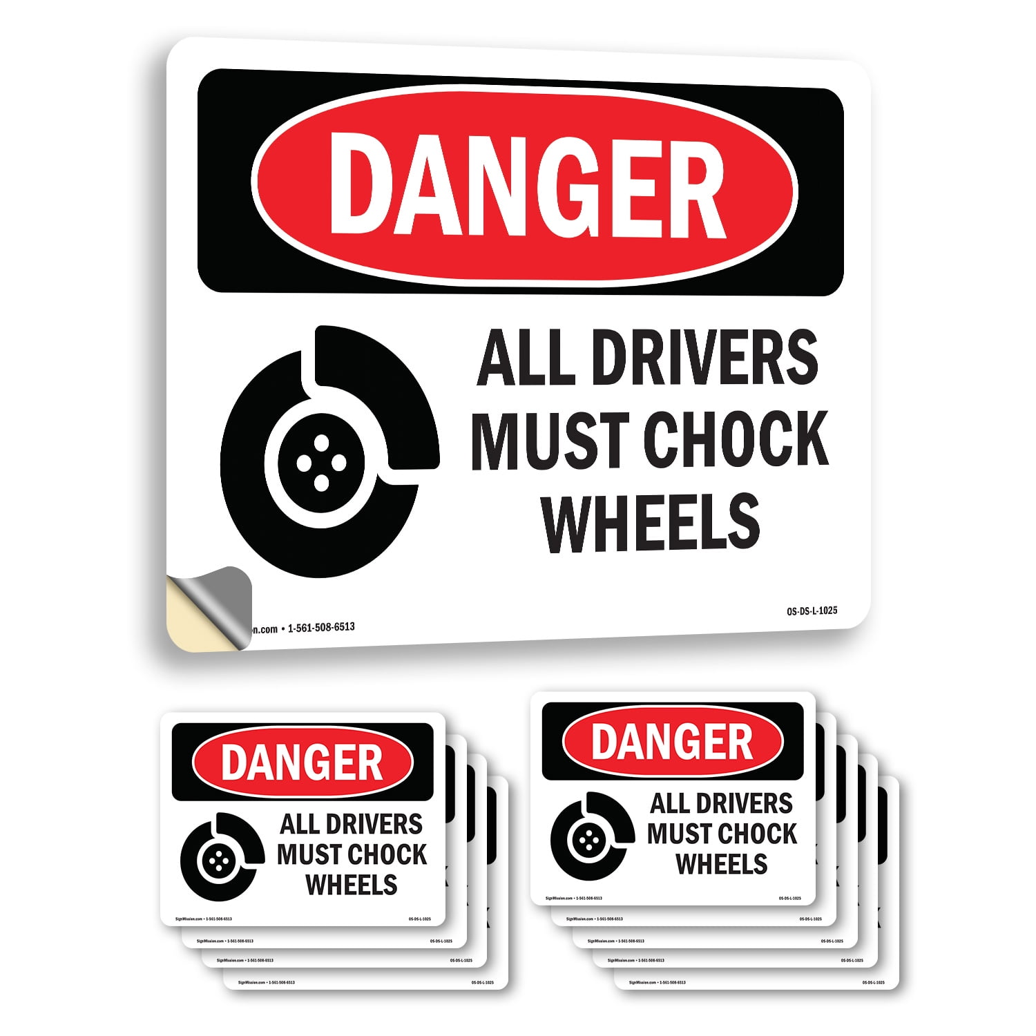 All Drivers Must Chock Wheels OSHA Danger Vinyl Decal Label 10 Inch x 7 ...