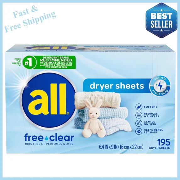 All Fabric Softener Dryer Sheets For Sensitive Skin, Free Clear, 195 ...