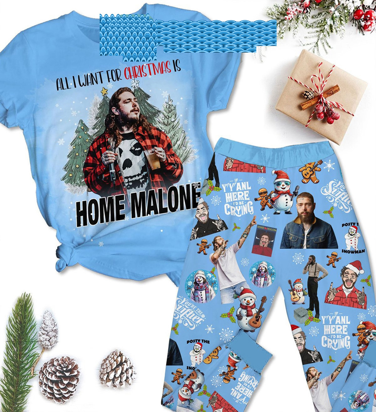 All I Want For Christmas Is Home Malone Pajamas Set Short Sleeve Long ...