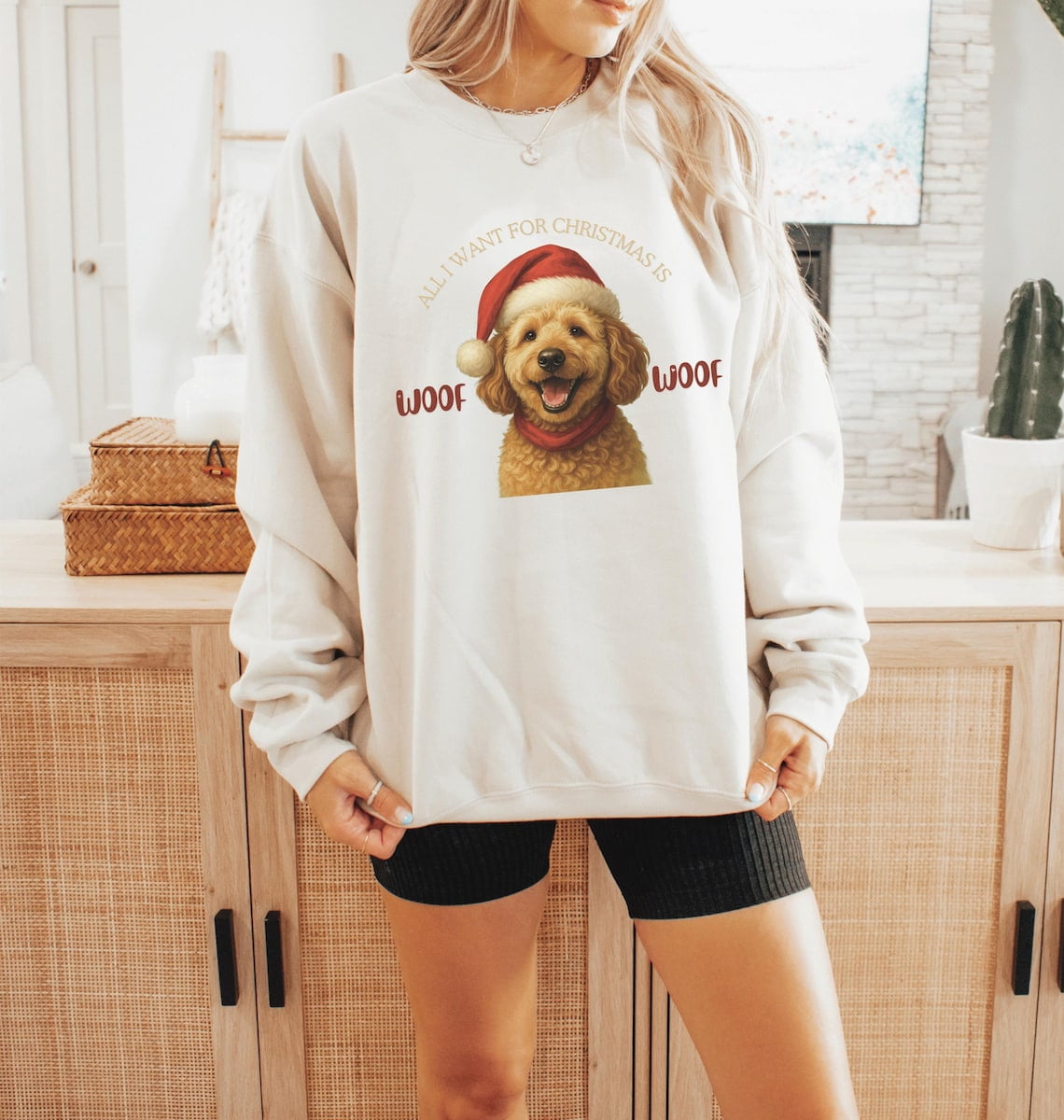 All I Want for Christmas Is Woof Sweatshirt, Cute Goldendoodle ...