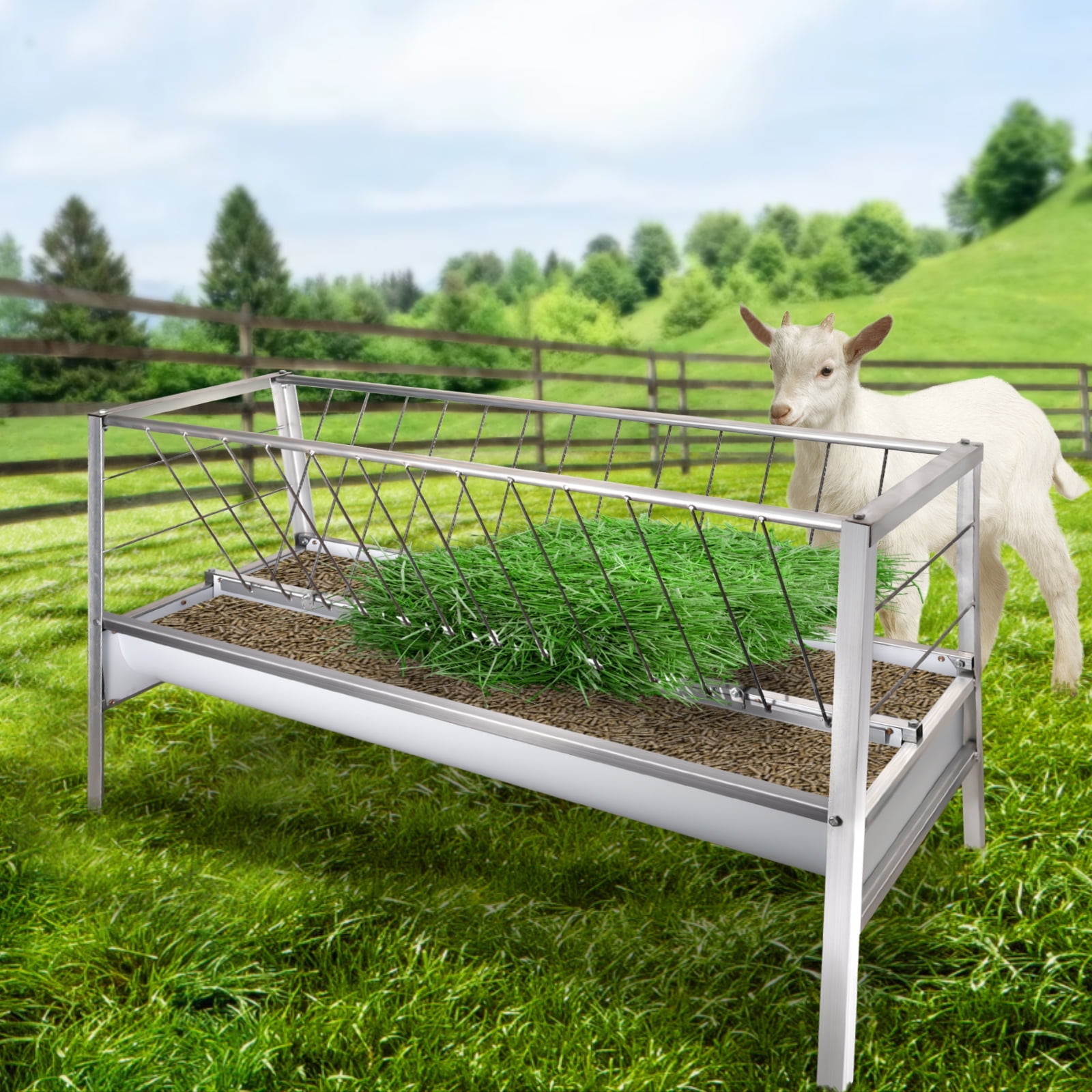 All-In-One Livestock Goat Feeder, Goat Hay Feeder, Pasture Feeder, 77 Gallon Galvanized Steel ...