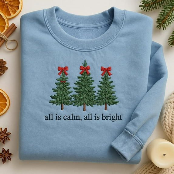 All Is Calm All Is Bright Embroidered Christmas Tree Sweatshirt ...