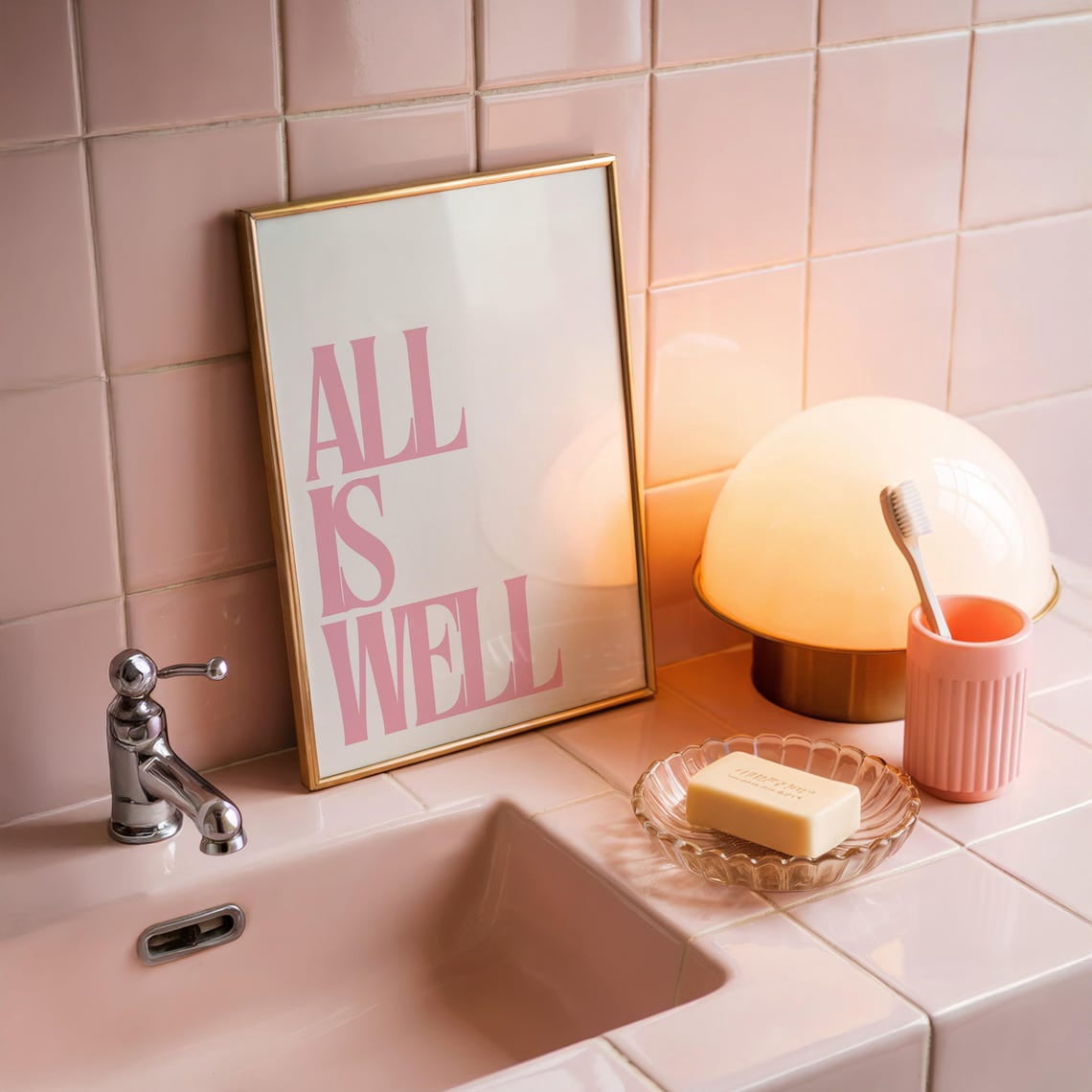 All Is Well Pink Minimalist Typography Affirmation Poster, Unframed ...