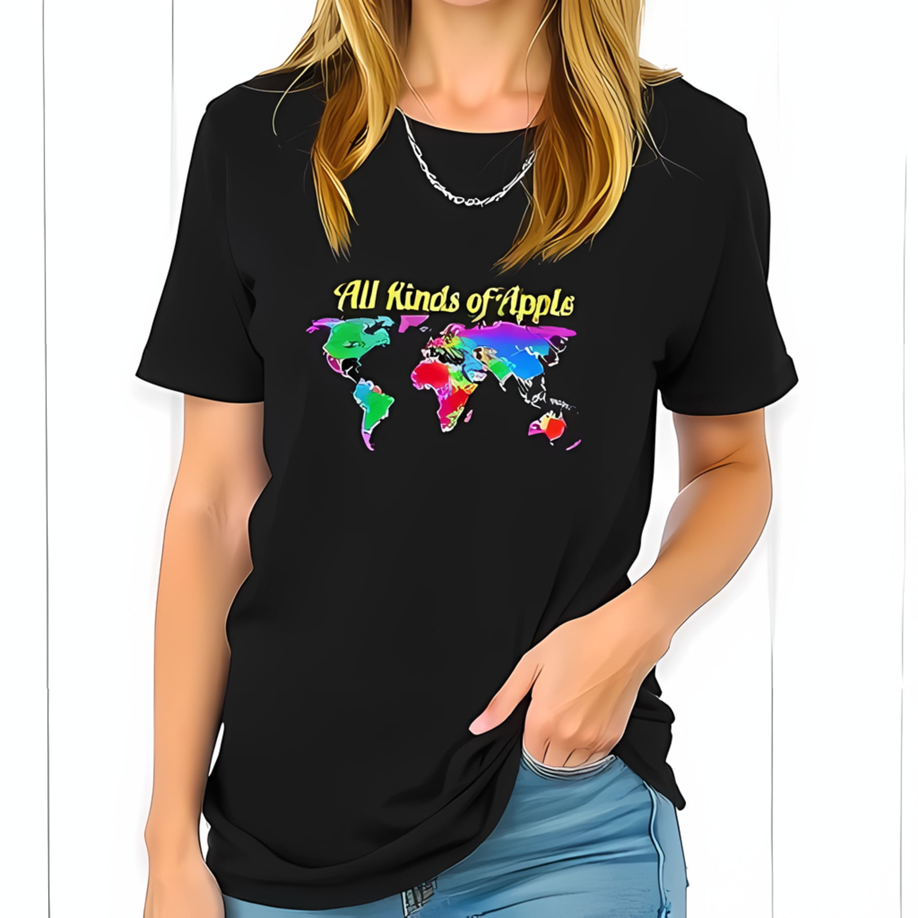 All Kinds of Apples Cotton Short Sleeve T-Shirt with Colorful World Map ...