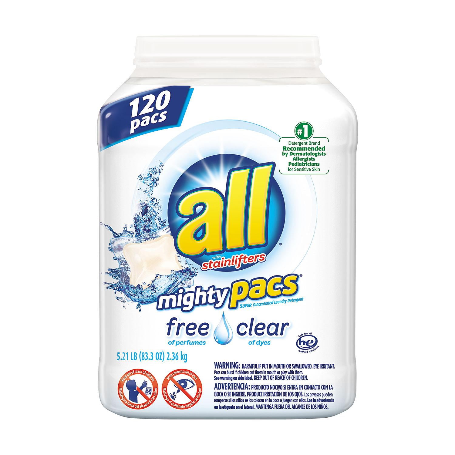All Mighty Pacs Laundry Detergent, Free & Clear for Sensitive Skin, 120 ...