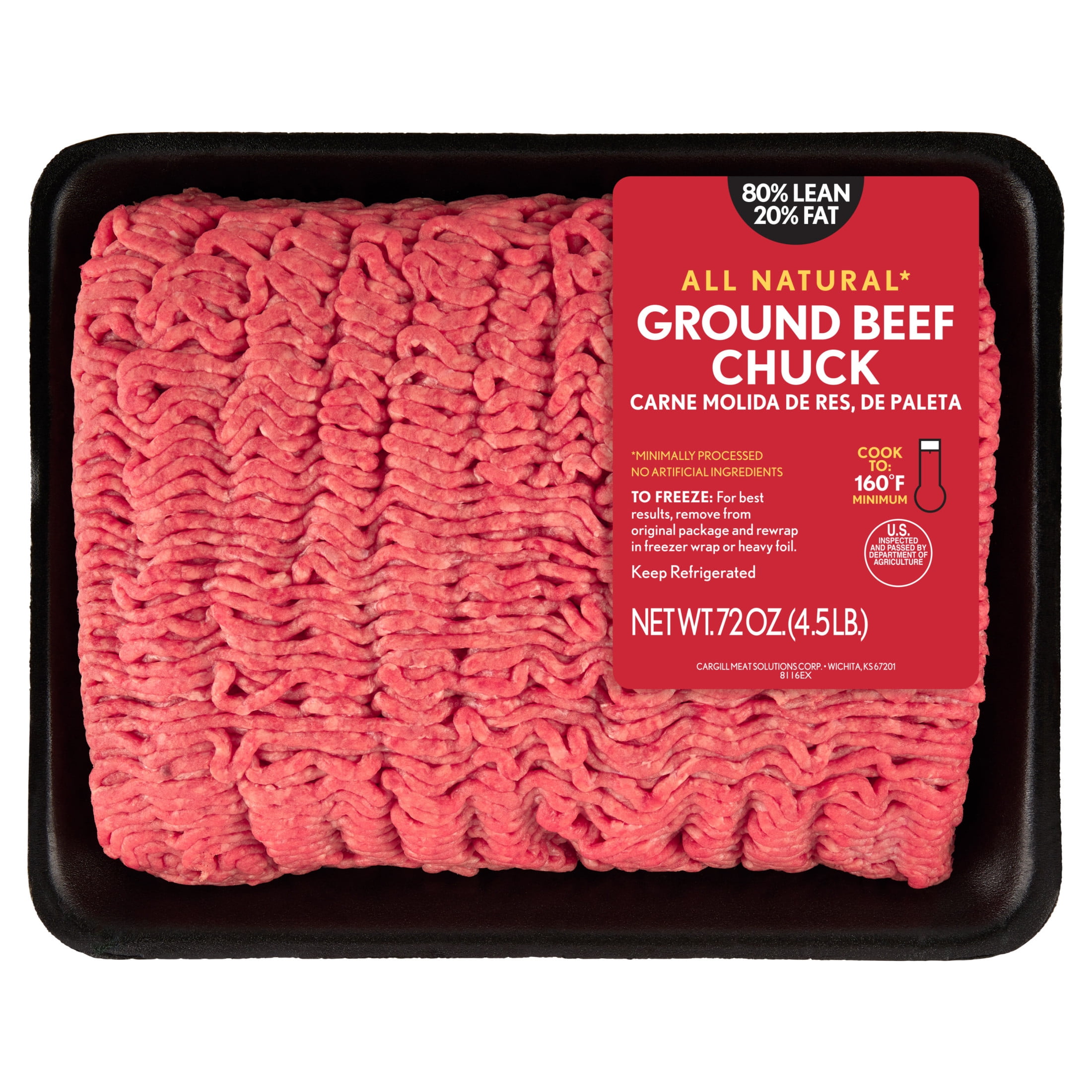 80% Lean / 20% Fat Ground Beef Chuck, 4.5 lb Tray, Fresh, All Natural ...