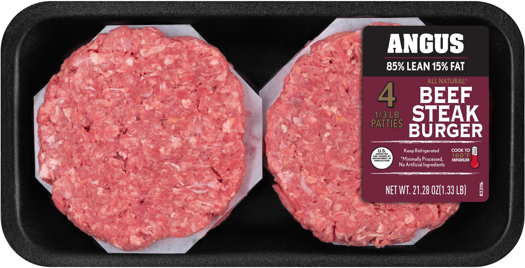 All Natural* 85% Lean/15% Fat Angus Ground Beef Steak Burgers, Tray ...