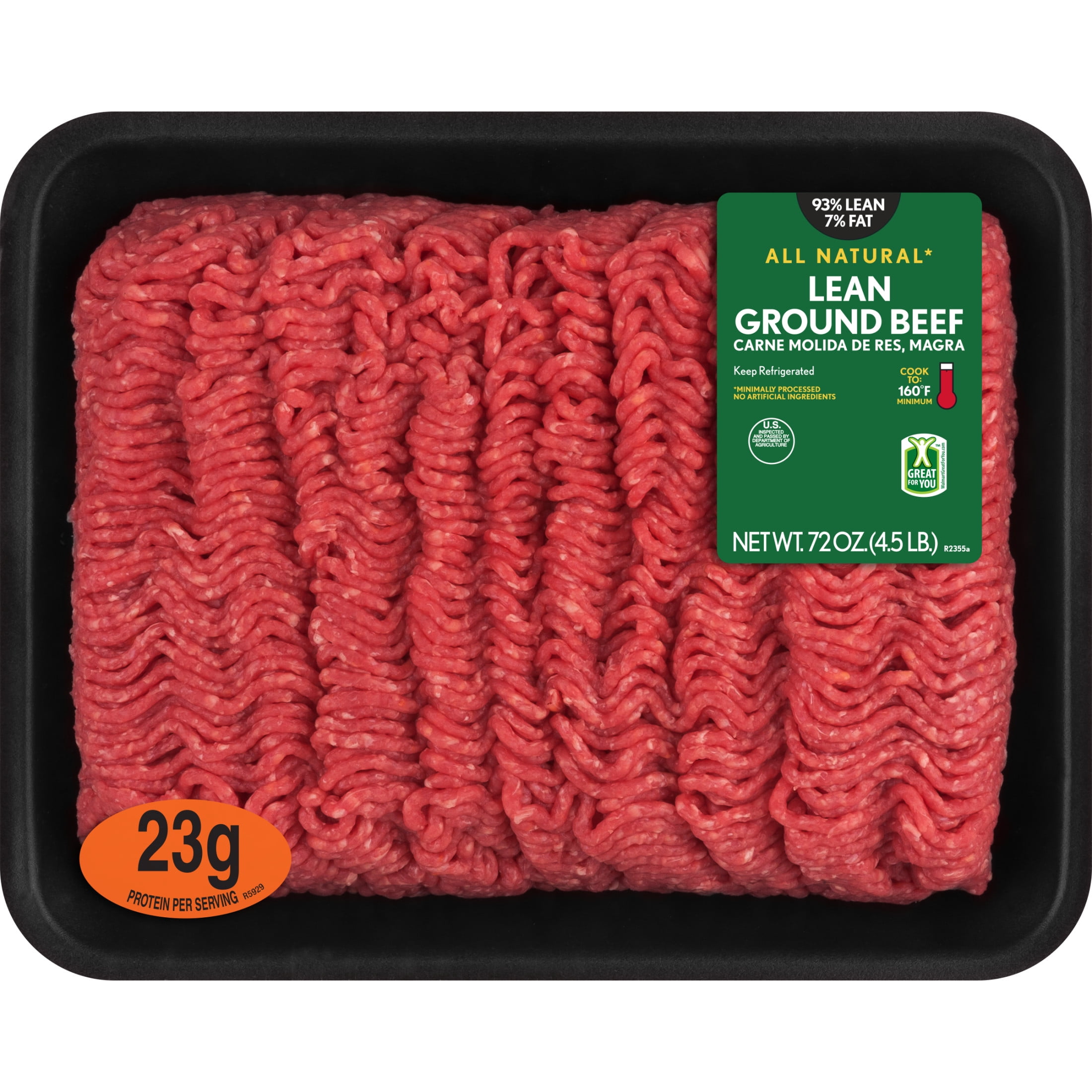All Natural 93 Lean 7 Fat Lean Ground Beef 4 5 Lb Tray Walmart