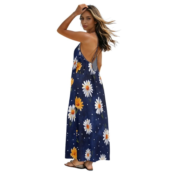 All-Over Print Backless Cross Strap Slip Dress, Loose A-Line Slim Fit ...