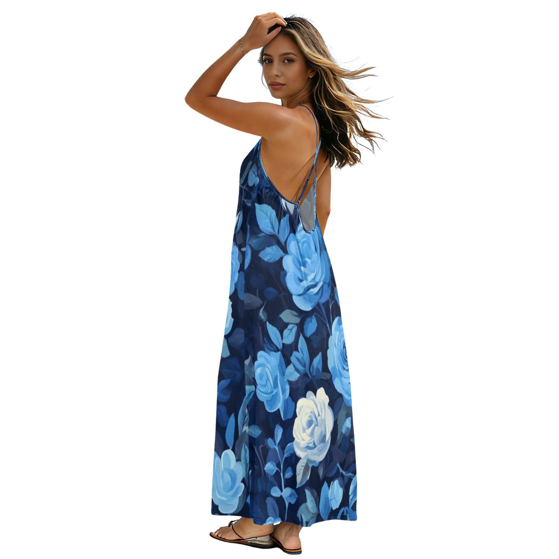 All-Over Print Backless Cross Strap Slip Dress, Loose A-Line Slim Fit ...
