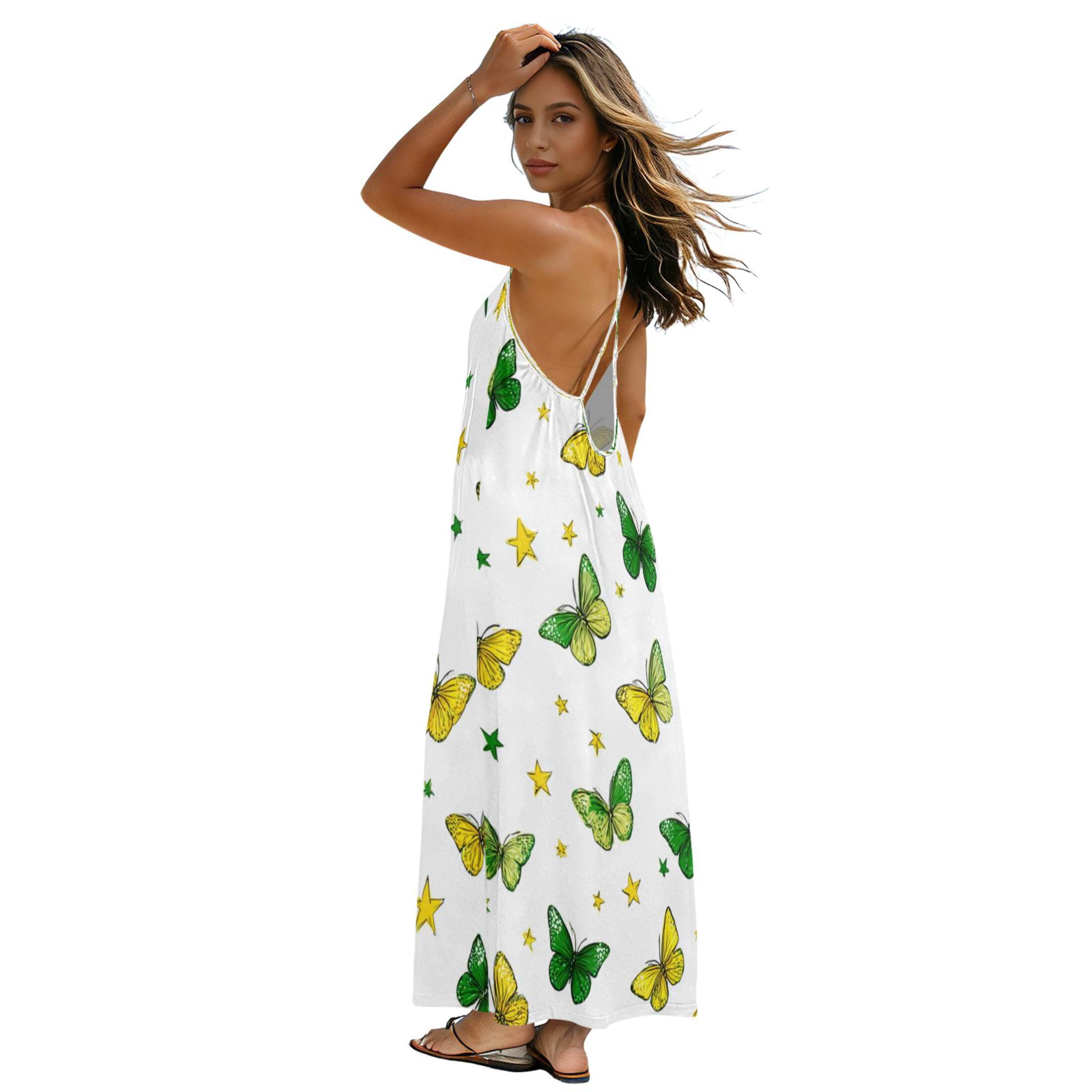 All-Over Print Backless Cross Strap Slip Dress, Loose A-Line Slim Fit ...