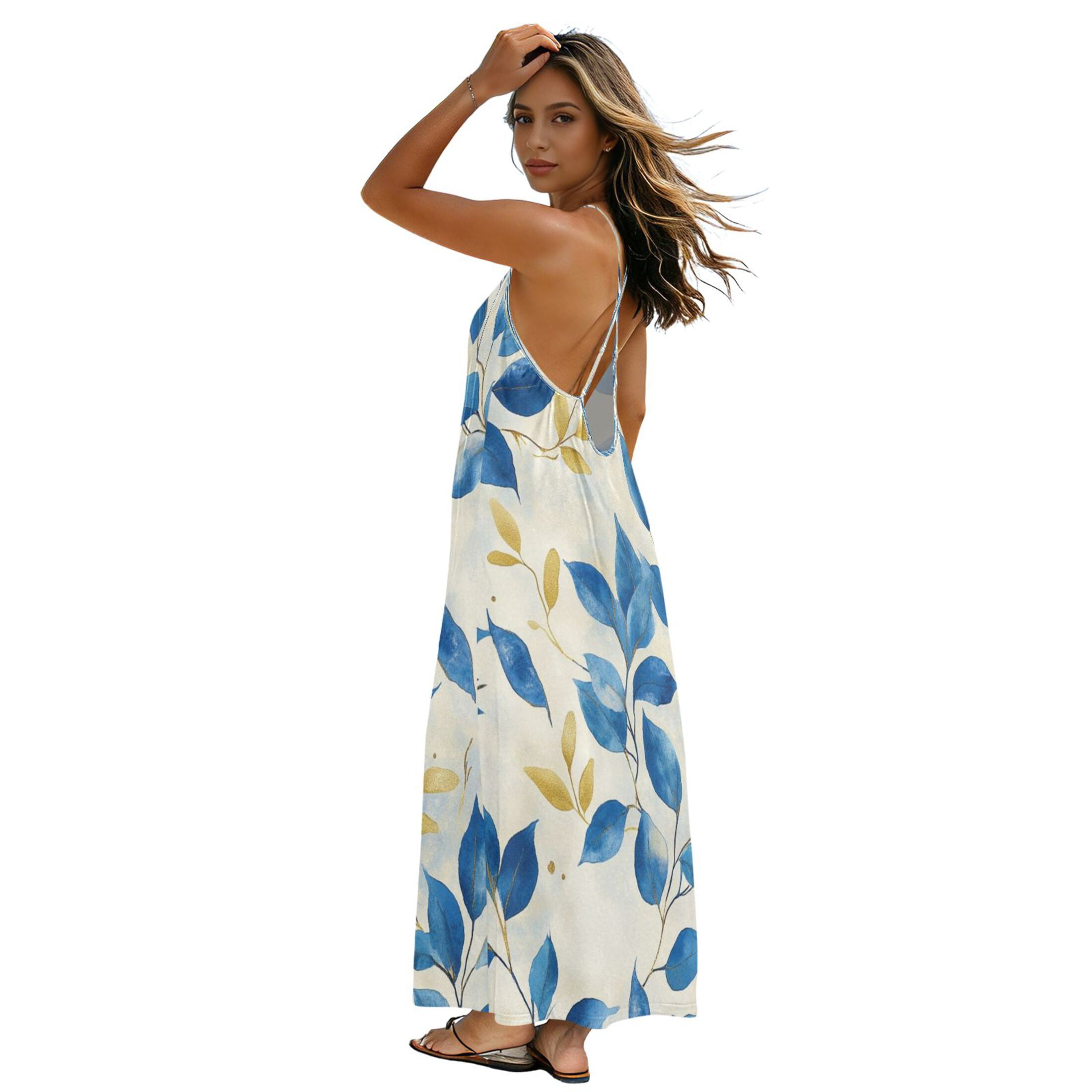 All-Over Print Backless Cross Strap Slip Dress, Loose A-Line Slim Fit ...