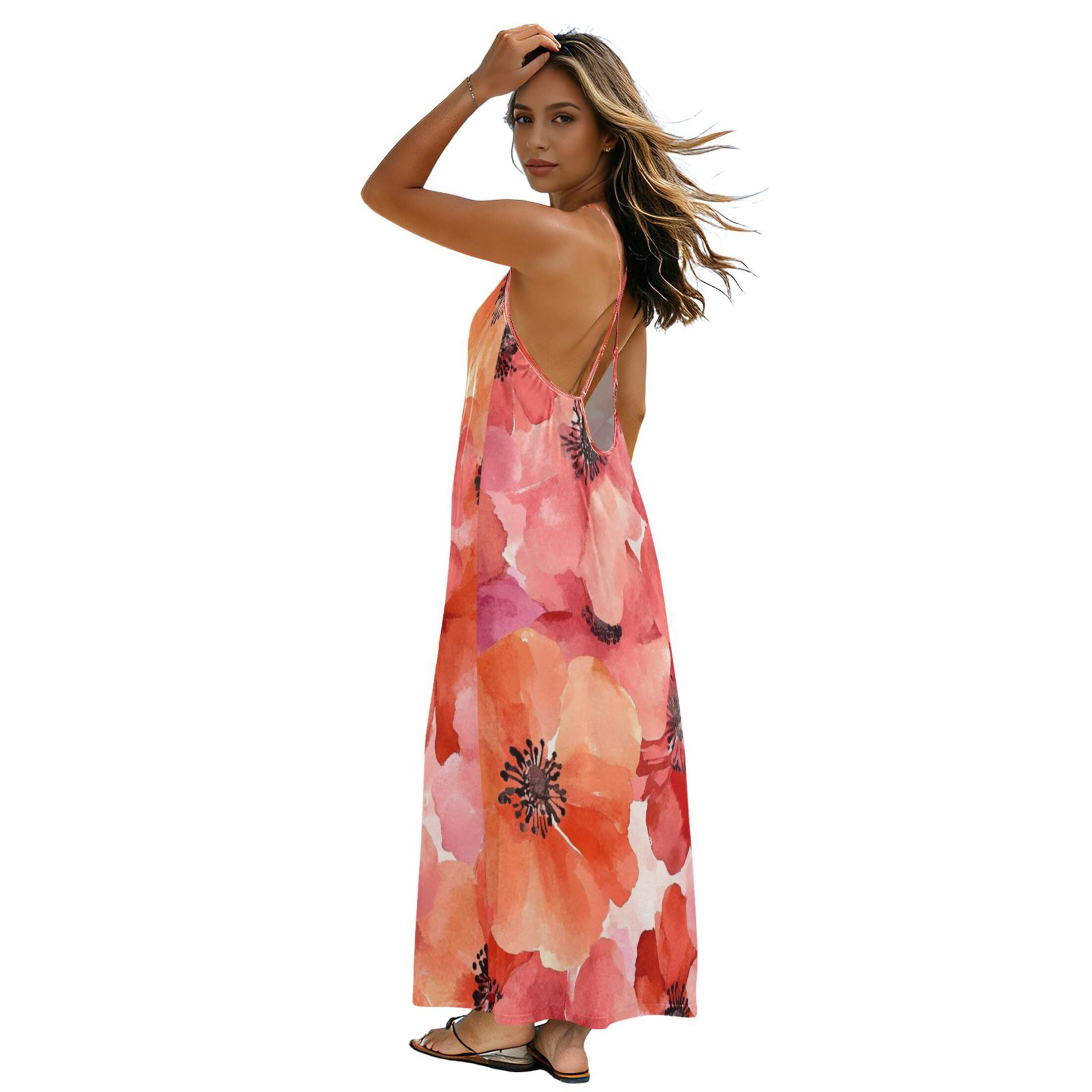 All-Over Print Backless Cross Strap Slip Dress, Loose A-Line Slim Fit ...