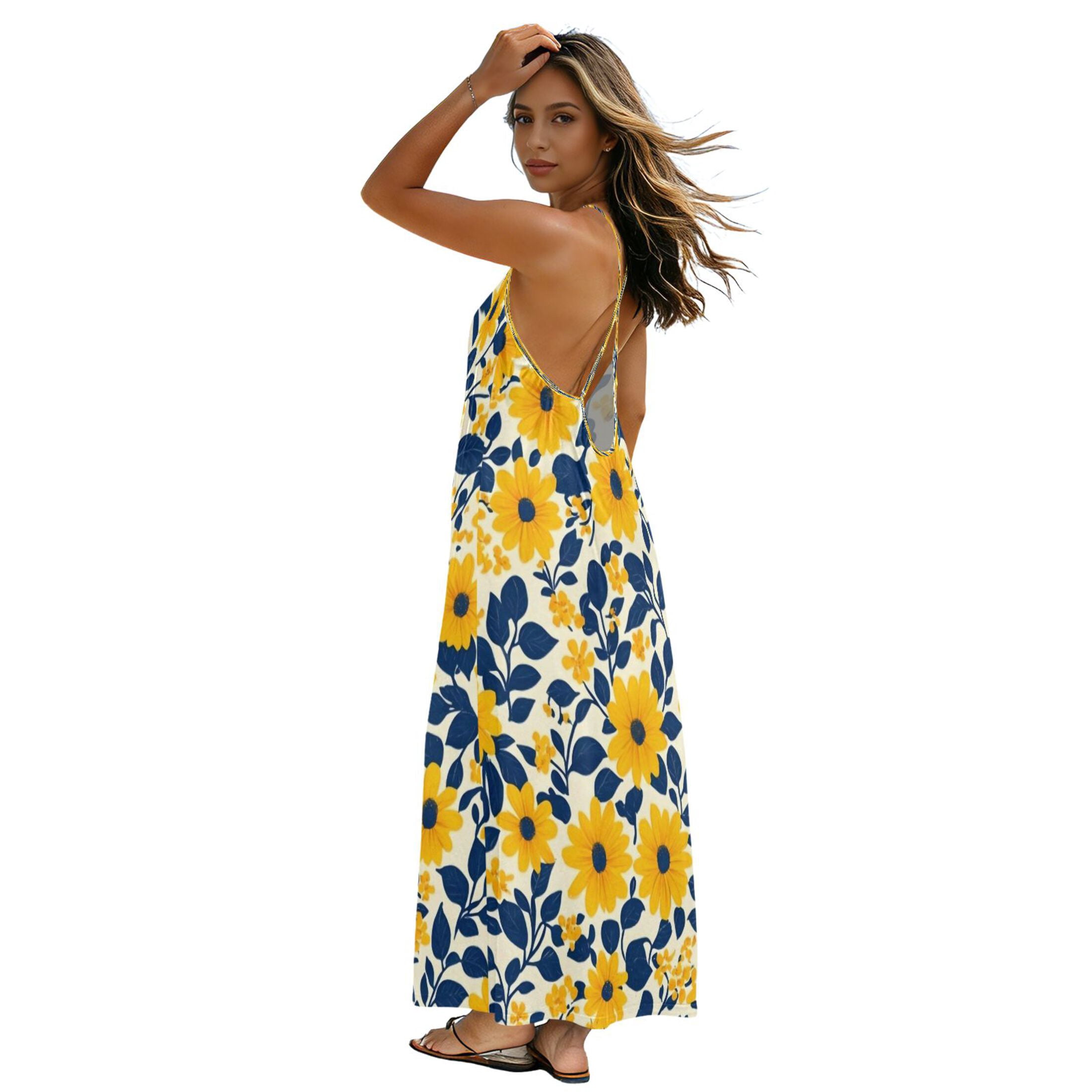 All-Over Print Backless Cross Strap Slip Dress, Loose A-Line Slim Fit ...