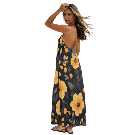 All-Over Print Backless Cross Strap Slip Dress, Loose A-Line Slim Fit ...