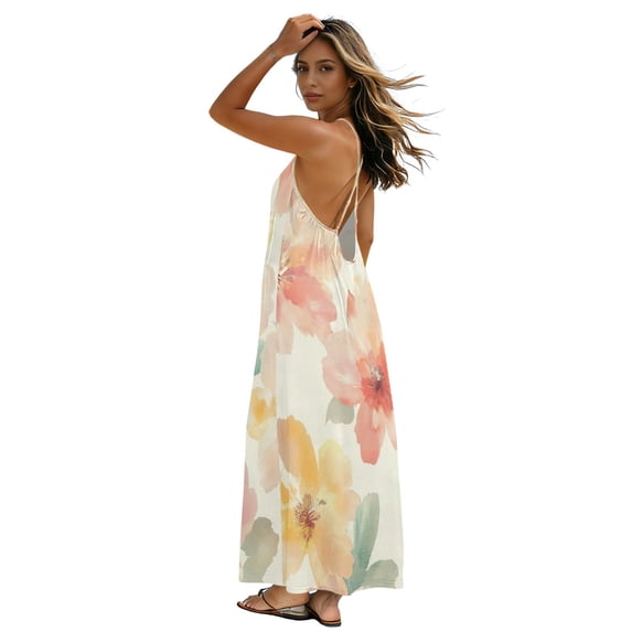 All-Over Print Backless Cross Strap Slip Dress, Loose A-Line Slim Fit ...