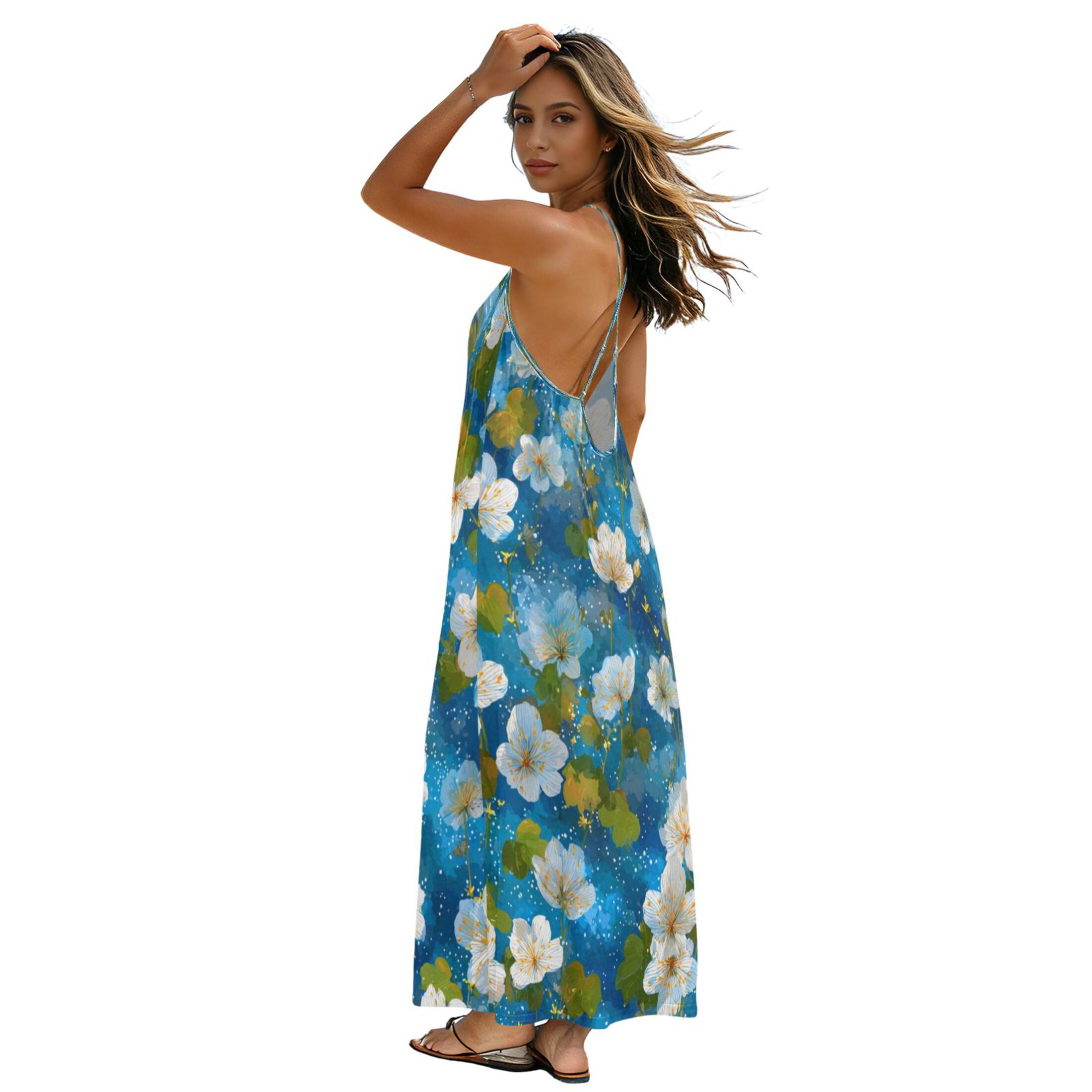 All-Over Print Backless Cross Strap Slip Dress, Loose A-Line Slim Fit ...