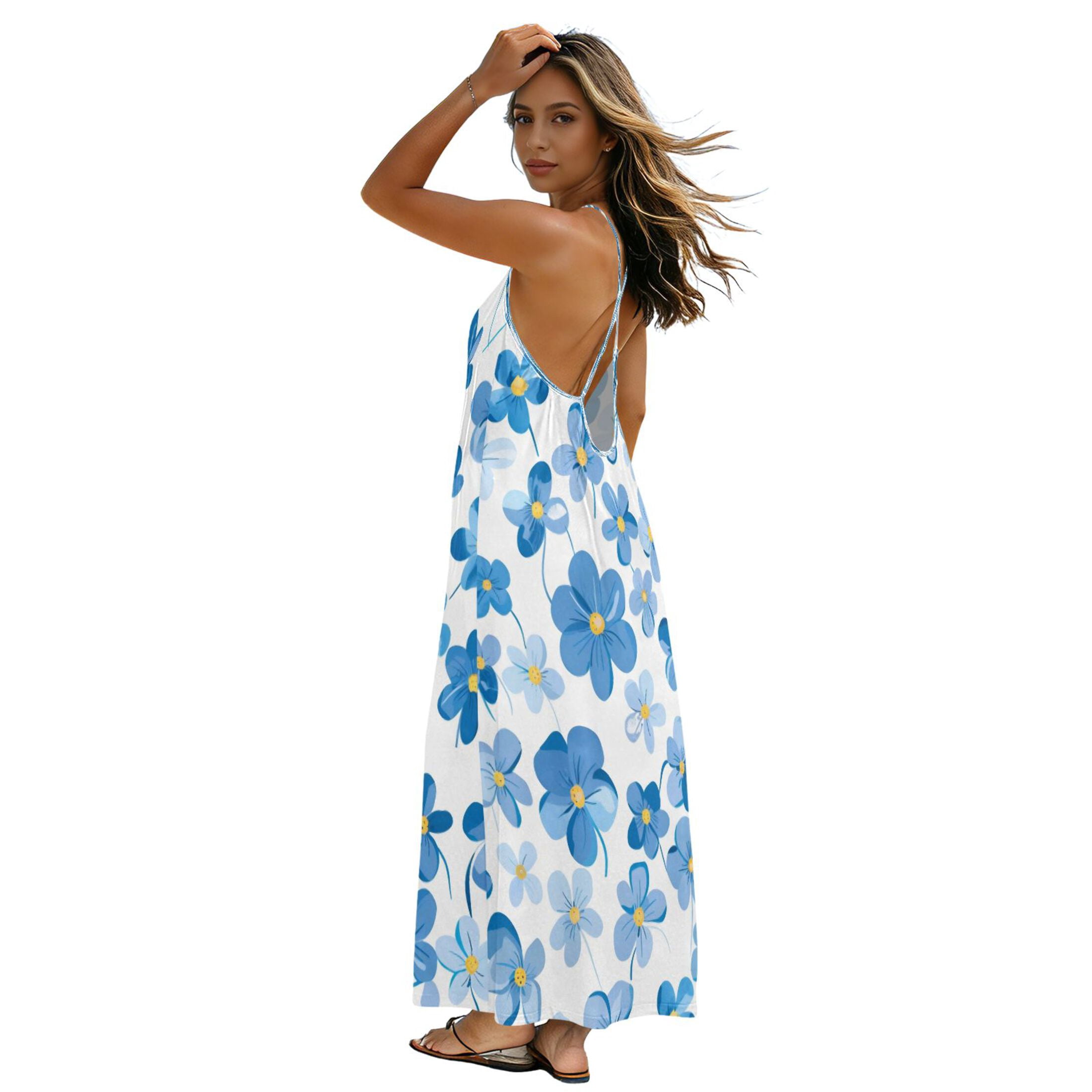 All-Over Print Backless Cross Strap Slip Dress, Loose A-Line Slim Fit ...