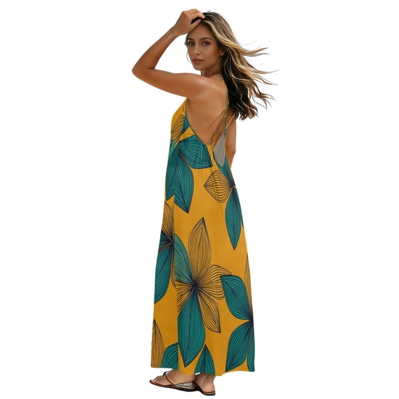 All-Over Print Backless Cross Strap Slip Dress, Loose A-Line Slim Fit ...