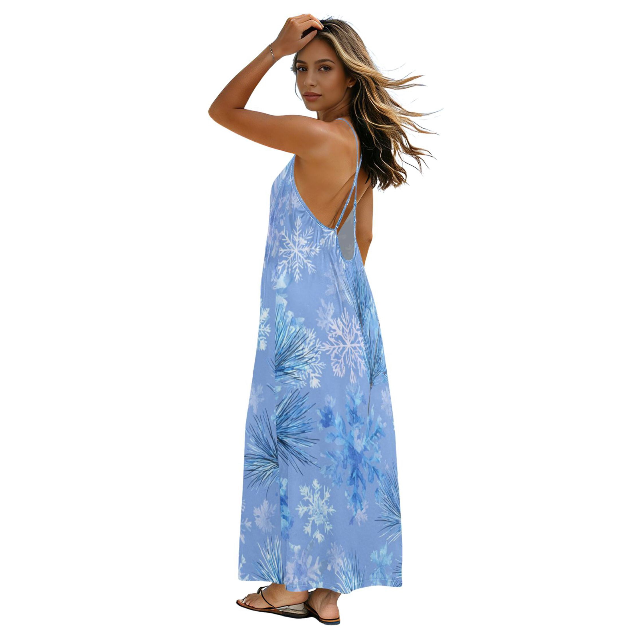 All-Over Print Backless Cross Strap Slip Dress, Loose A-Line Slim Fit ...