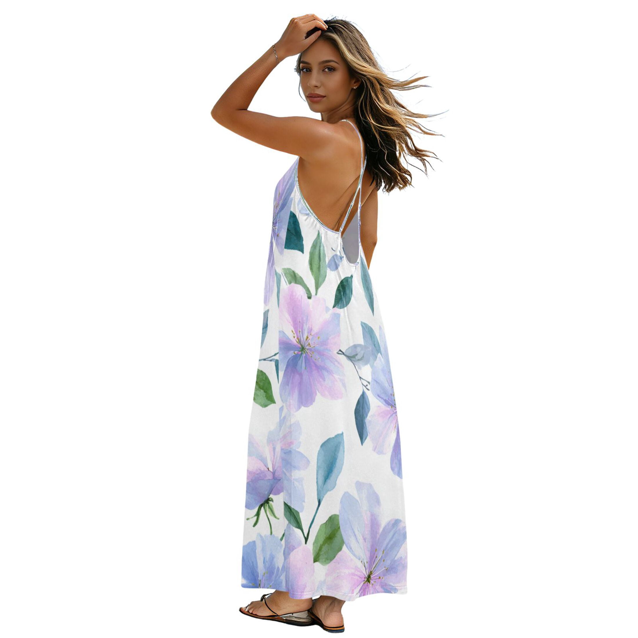 All-Over Print Backless Cross Strap Slip Dress, Loose A-Line Slim Fit ...