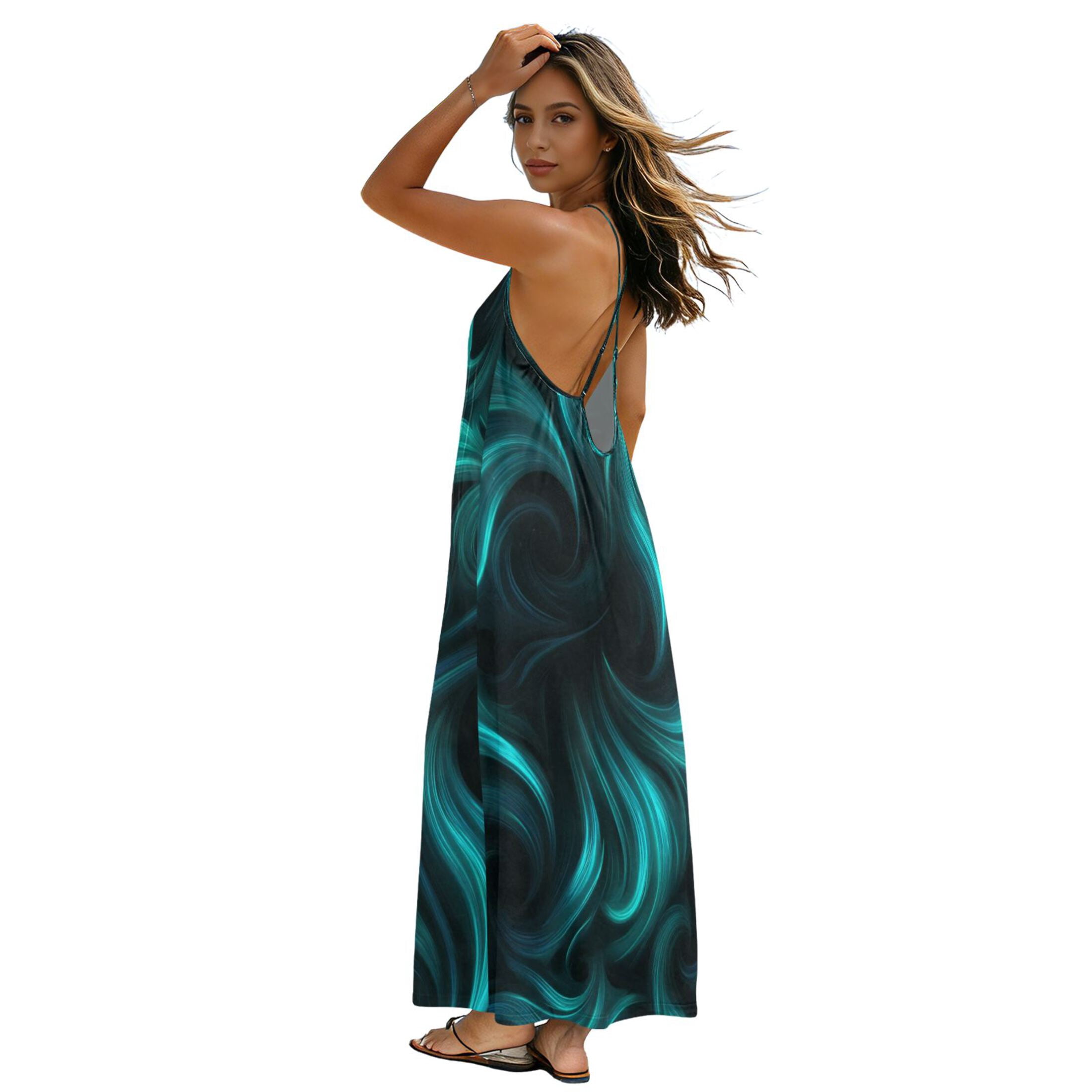 All-Over Print Backless Cross Strap Slip Dress, Loose A-Line Slim Fit ...