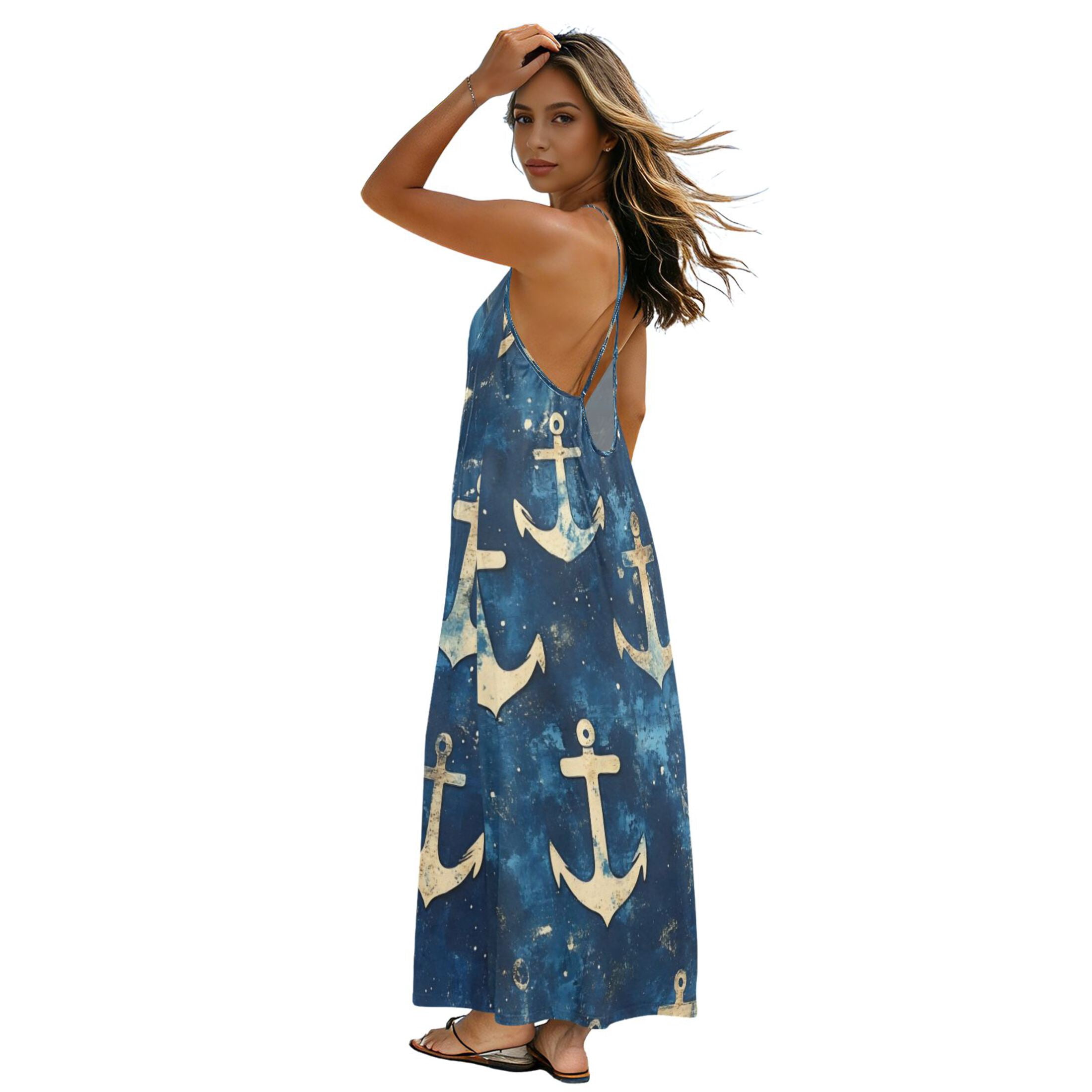 All-Over Print Backless Cross Strap Slip Dress, Loose A-Line Slim Fit ...