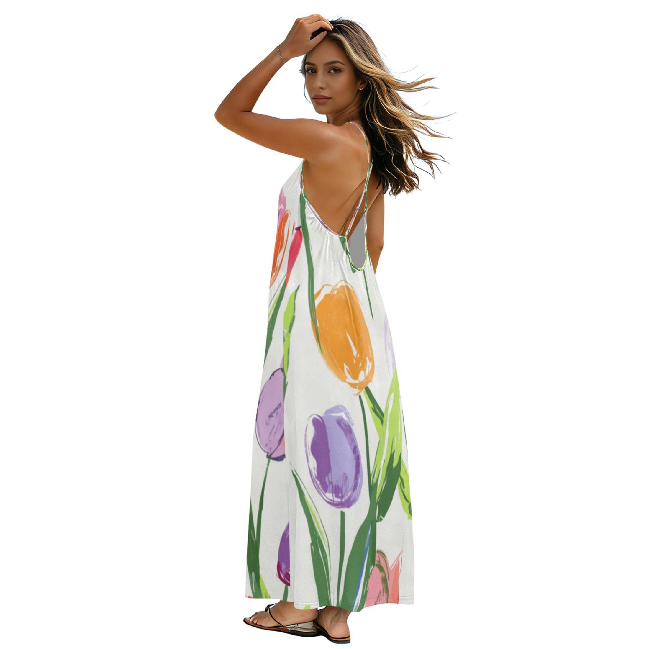All-Over Print Backless Cross Strap Slip Dress, Loose A-Line Slim Fit ...