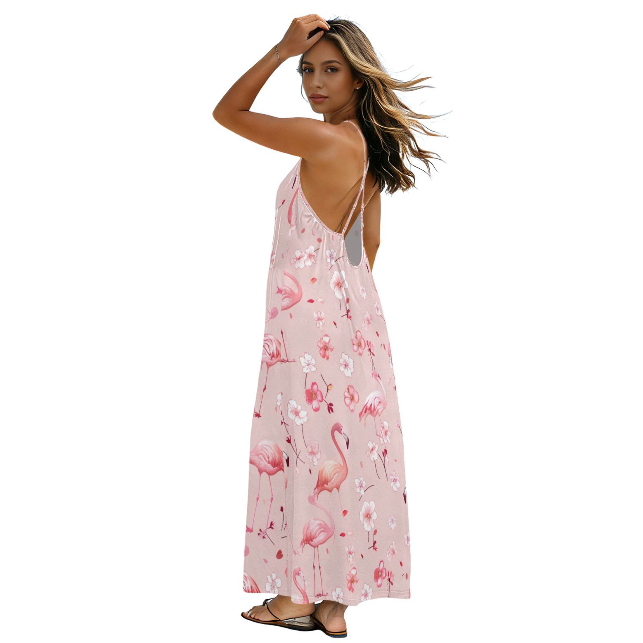 All-Over Print Backless Cross Strap Slip Dress, Loose A-Line Slim Fit ...