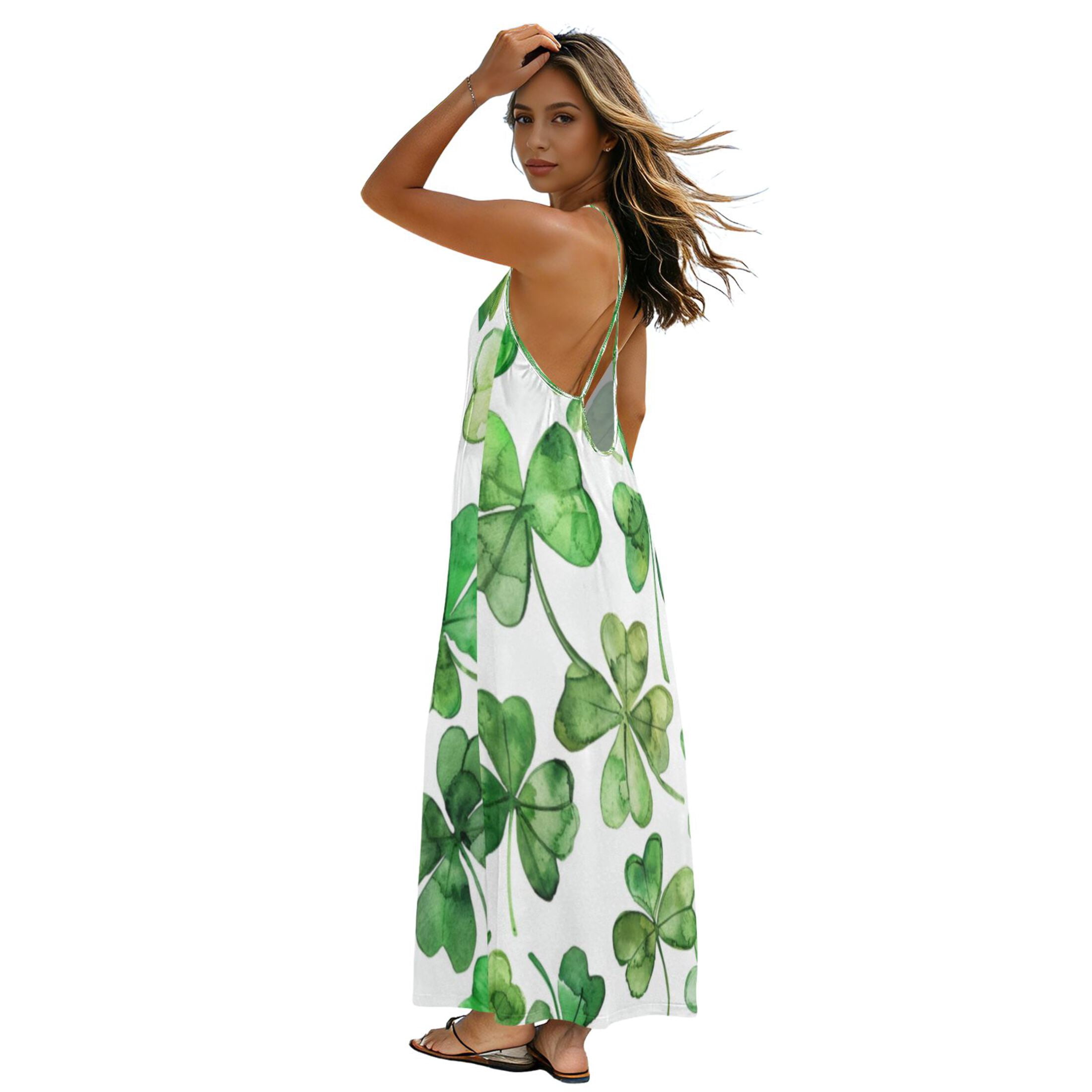 All-Over Print Backless Cross Strap Slip Dress, Loose A-Line Slim Fit ...