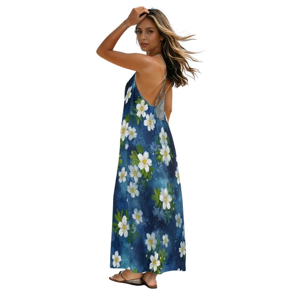 All-Over Print Backless Cross Strap Slip Dress, Loose A-Line Slim Fit ...