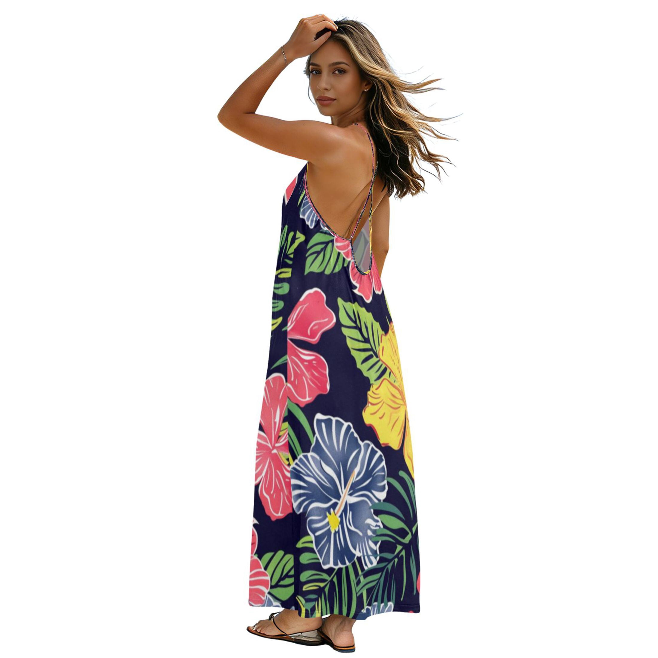 All-Over Print Backless Cross Strap Slip Dress, Loose A-Line Slim Fit ...